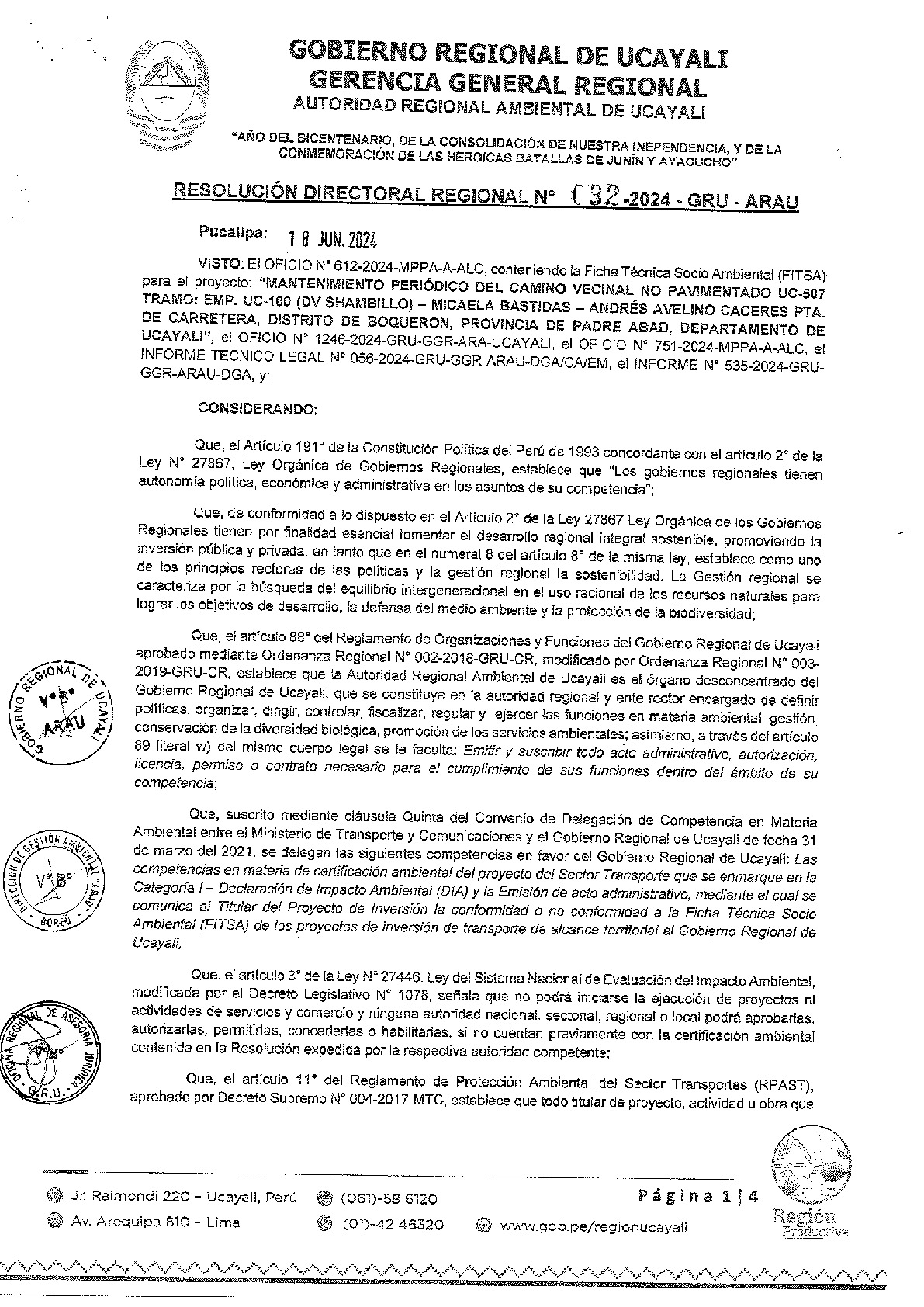 FITSA para el Proyecto, "Mantenimiento Periódico del Camino Vecinal No Pavimentado UC-507 TRAMO ...